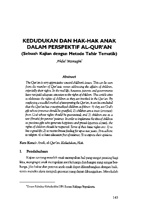 (PDF) Kedudukan dan Hak-Hak Anak Dalam Perspektif Al-Qur'an (Sebuah Kajian dengan Metode Tafsir ...
