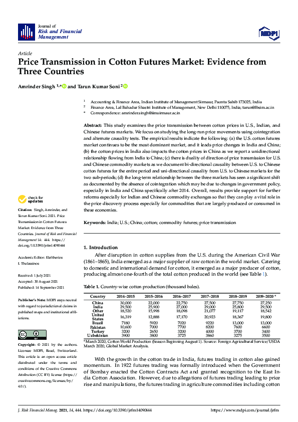(PDF) Price Transmission in Cotton Futures Market: Evidence from Three ...