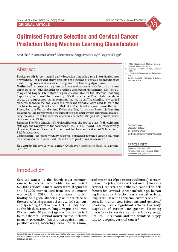 Pdf Optimised Feature Selection And Cervical Cancer Prediction Using Machine Learning