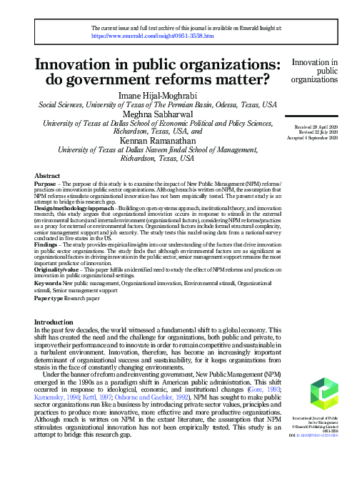 (PDF) Innovation in public organizations: do government reforms matter?