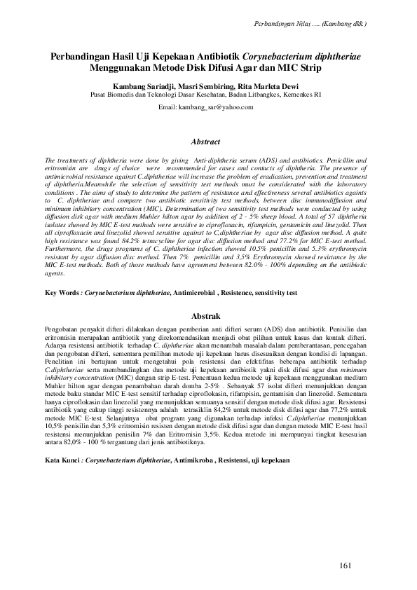 (PDF) Perbandingan Hasil Uji Kepekaan Antibiotik Corynebacterium ...