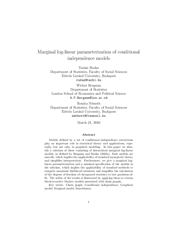 Pdf Marginal Log Linear Parameterization Of Conditional Independence Models Renáta Németh