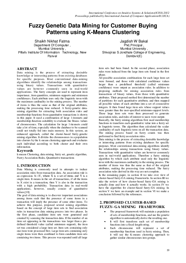(PDF) Fuzzy Genetic Data Mining for Customer Buying Patterns using K-Means Clustering | Nikhat ...