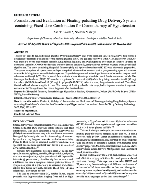 Pdf Formulation And Evaluation Of Floating Pulsating Drug Delivery System Containing Fixed