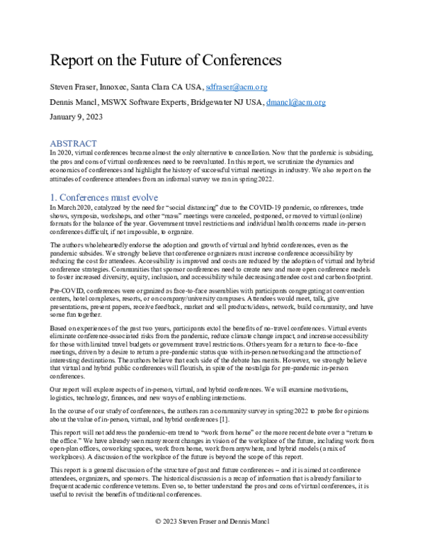 (PDF) Report on the Future of Conferences