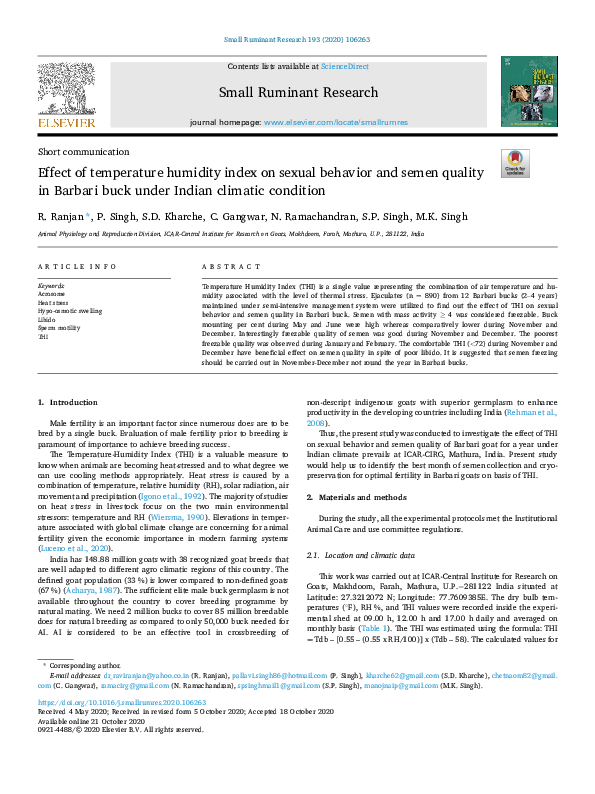(PDF) Effect of temperature humidity index on sexual behavior and semen ...