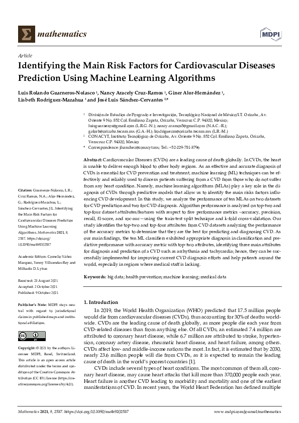 (PDF) Machine Learning for Cardiovascular Risk Prediction