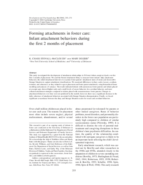 (PDF) Forming attachments in foster care: Infant attachment behaviors ...