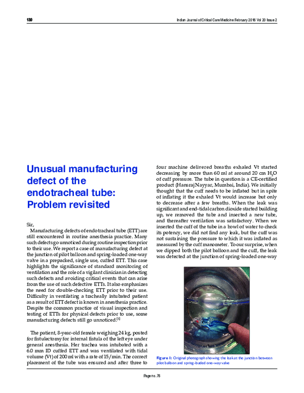 (PDF) Unusual manufacturing defect of the endotracheal tube: Problem ...