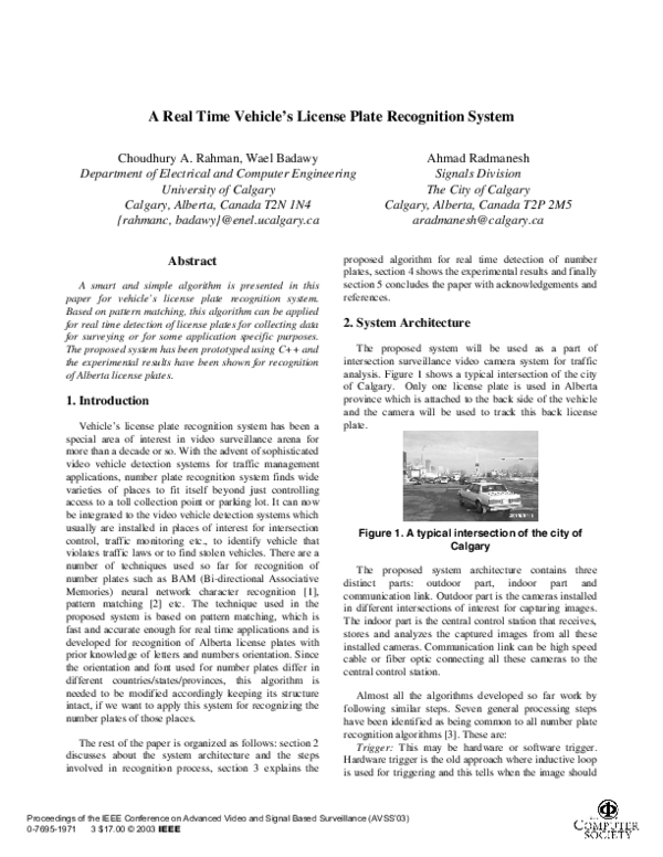 (PDF) A real time vehicle's license plate recognition system