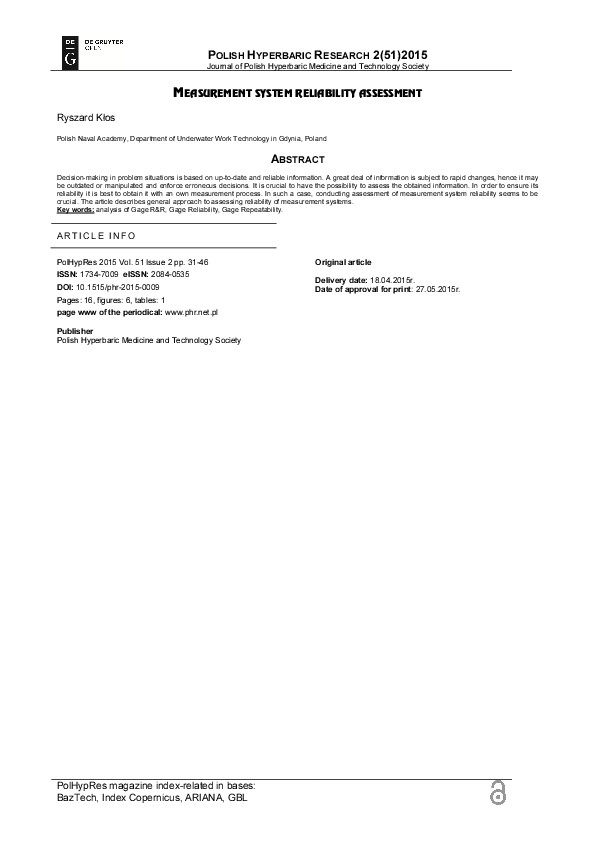 (PDF) Measurement System Reliability Assessment
