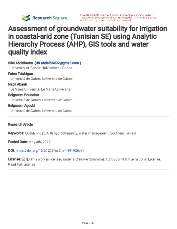 (PDF) Assessment of groundwater suitability for irrigation in coastal-arid zone (Tunisian SE ...