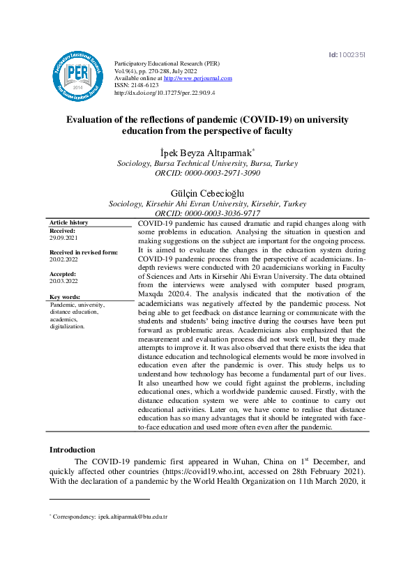 (PDF) Evaluation of the reflections of pandemic (COVID-19) on ...