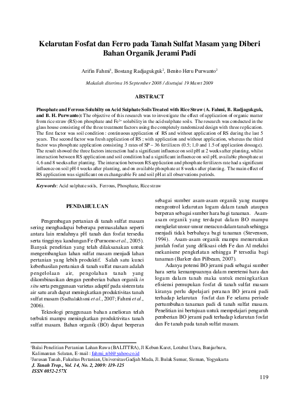 (PDF) Kelarutan Fosfat dan Ferro pada Tanah Sulfat Masam yang Diberi Bahan Organik Jerami Padi ...