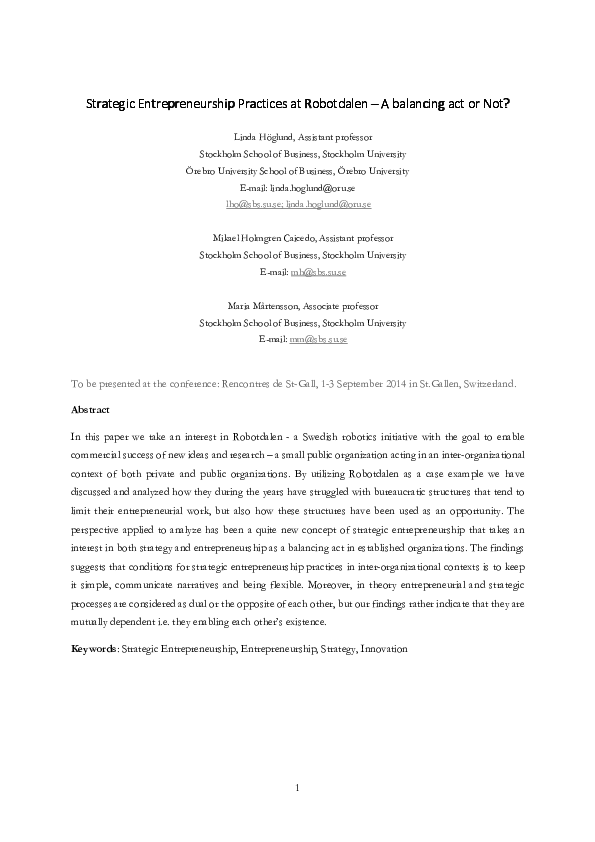 (PDF) Strategic Entrepreneurship Practices at Robotdalen : A balancing ...