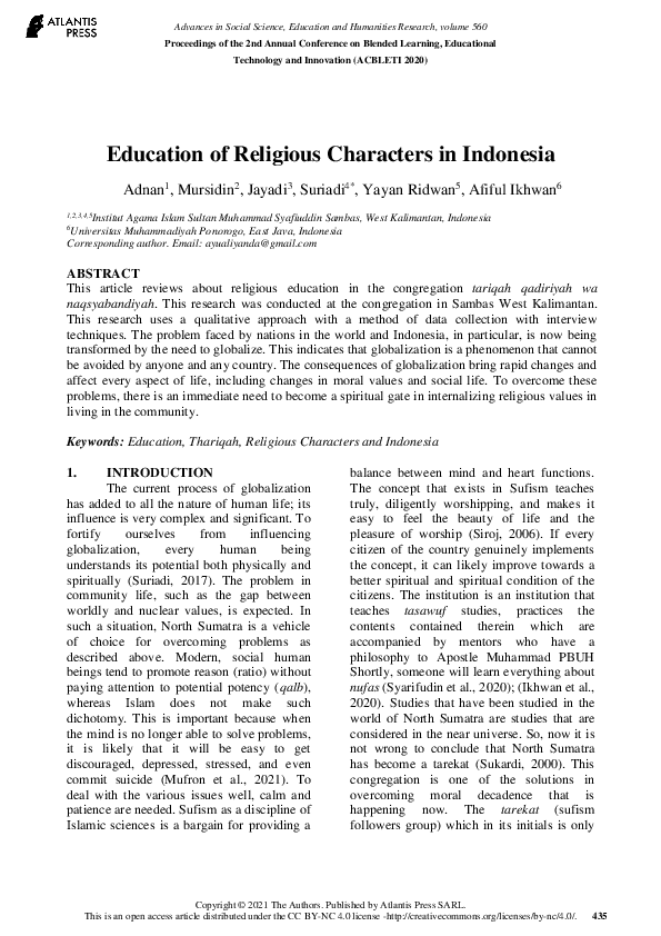 (PDF) Education of Religious Characters in Indonesia