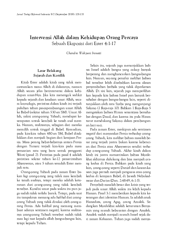 (PDF) Intervensi Allah dalam Kehidupan Orang Percaya Sebuah Eksposisi dari Ester 4:1-17