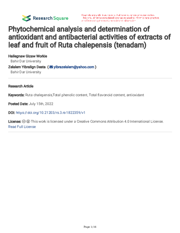 (PDF) Phytochemical analysis and determination of antioxidant and antibacterial activities of ...