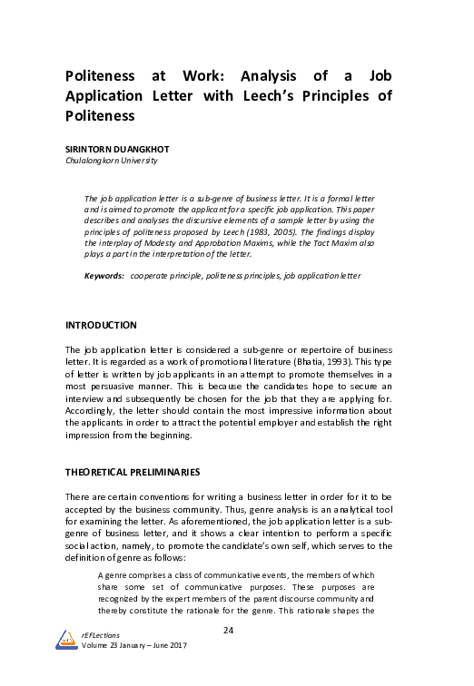 (PDF) Politeness at Work: Analysis of a Job Application Letter with ...