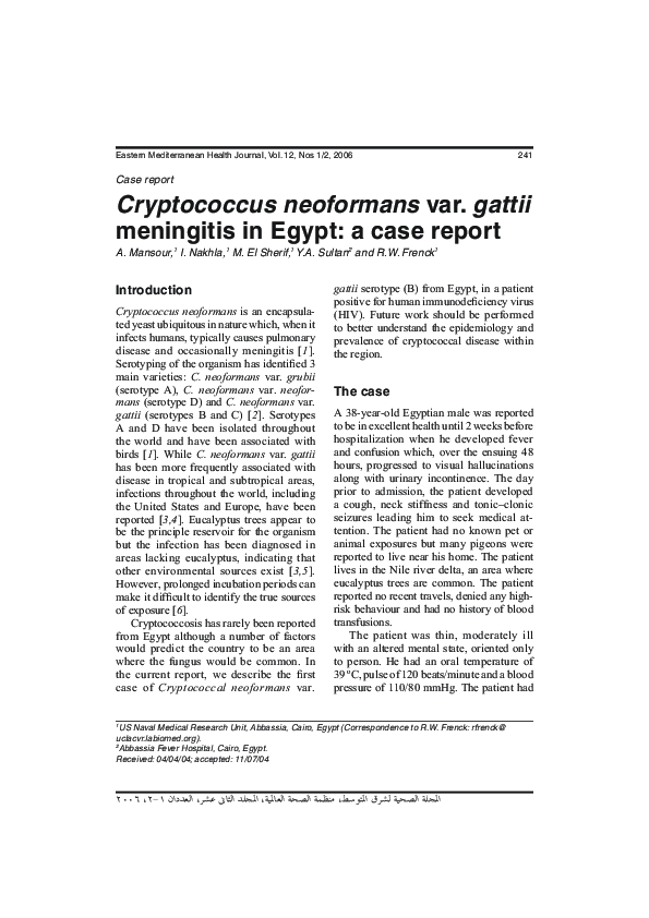 Pdf Cryptococcus Neoformans Var Gattii Meningitis In Egypt A Case Report Isabelle Nakhla
