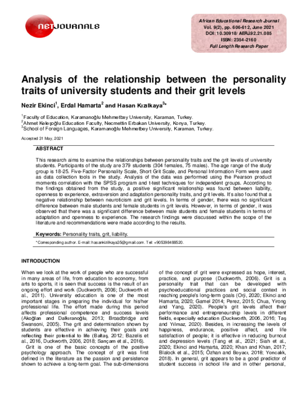(PDF) Analysis of the relationship between the personality traits of university students and ...