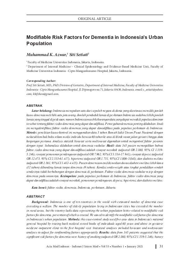 (PDF) Modifiable Risk Factors for Dementia in Indonesia's Urban Population
