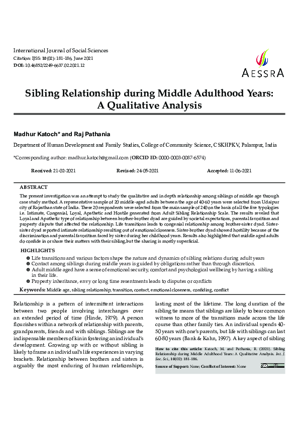 (PDF) Sibling Relationship during Middle Adulthood Years: A Qualitative ...