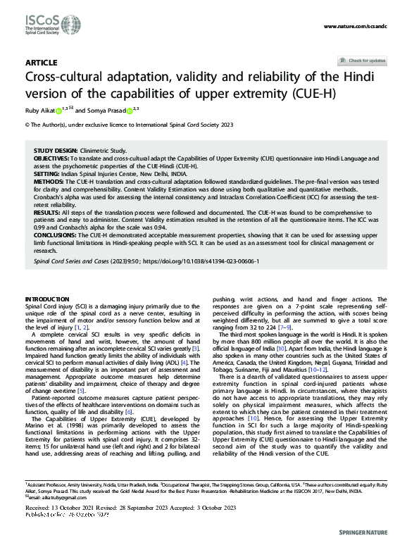 (PDF) Cross-cultural adaptation, validity and reliability of the Hindi ...