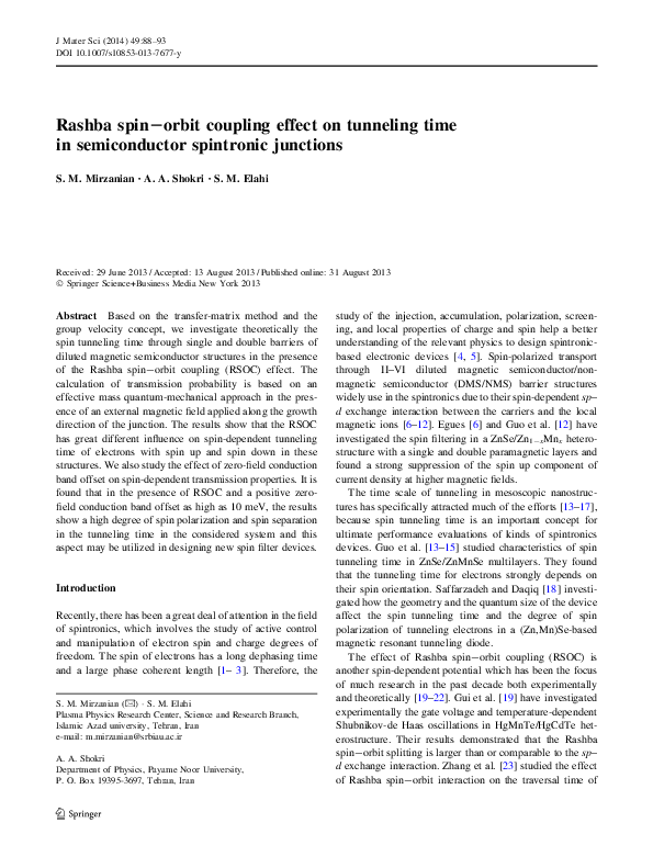 (PDF) Rashba spin−orbit coupling effect on tunneling time in semiconductor spintronic junctions