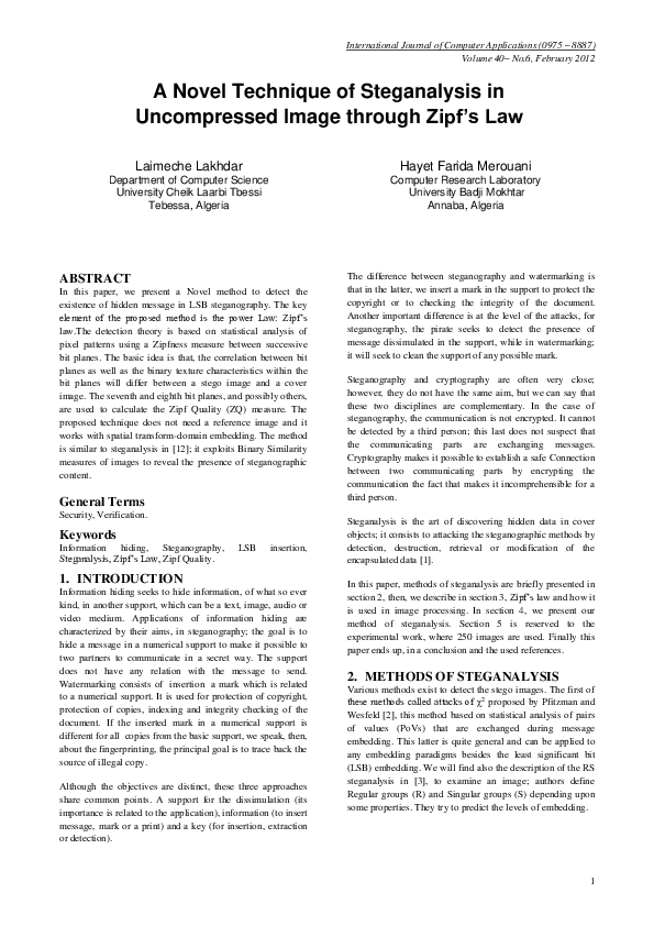 (PDF) A Novel Technique of Steganalysis in Uncompressed Image through Zipf's Law | Lakhdar ...