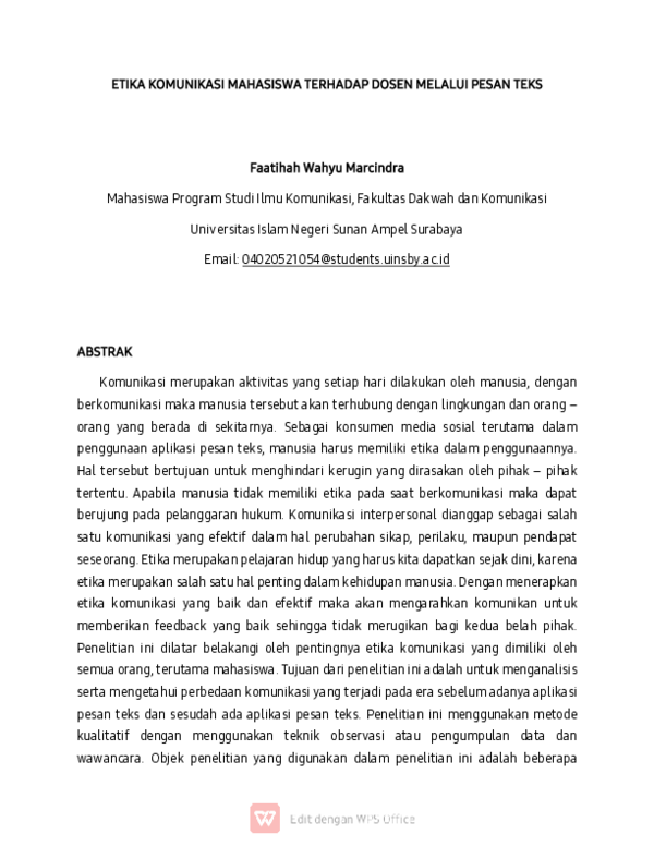 (PDF) ETIKA KOMUNIKASI MAHASISWA TERHADAP DOSEN MELALUI PESAN TEKS
