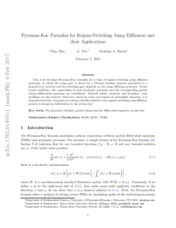 (PDF) Feynman–Kac formulas for regime-switching jump diffusions and their applications