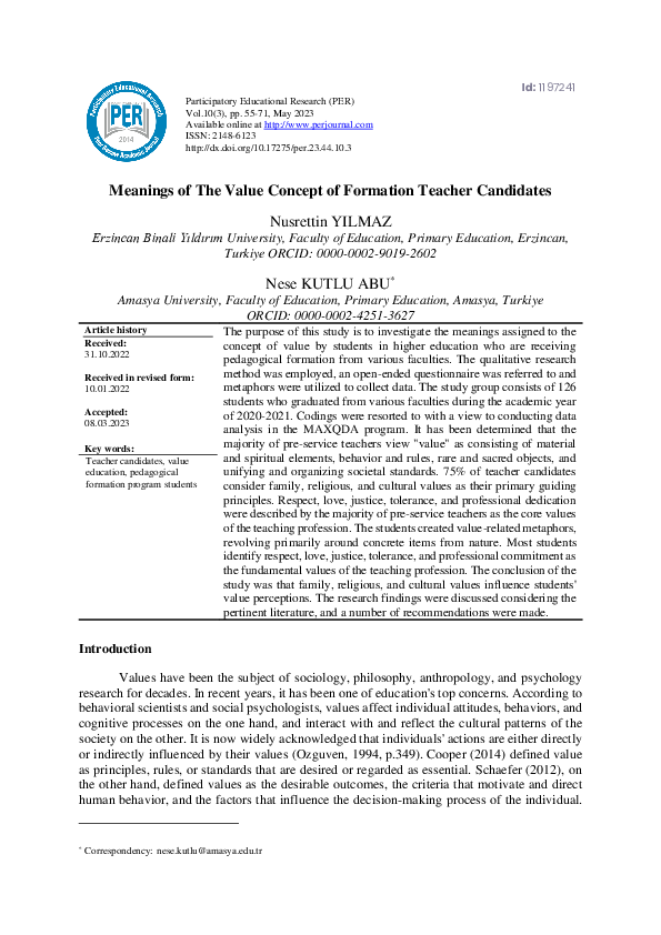 (PDF) Meanings of The Value Concept of Formation Teacher Candidates