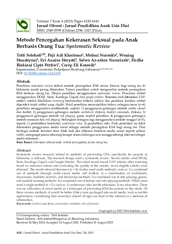(PDF) Metode Pencegahan Kekerasan Seksual pada Anak Berbasis Orang Tua: Systematic Review