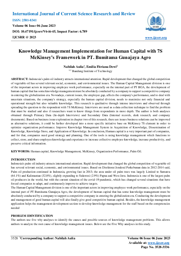 (PDF) Knowledge Management Implementation for Human Capital with 7S McKinsey's Framework in PT ...