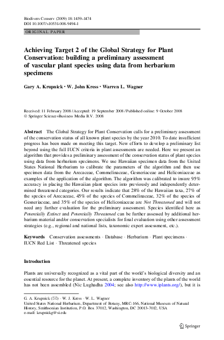 (PDF) Achieving Target 2 of the Global Strategy for Plant Conservation ...