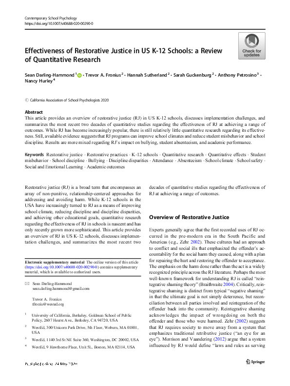 (PDF) Effectiveness of Restorative Justice in US K-12 Schools: a Review of Quantitative Research