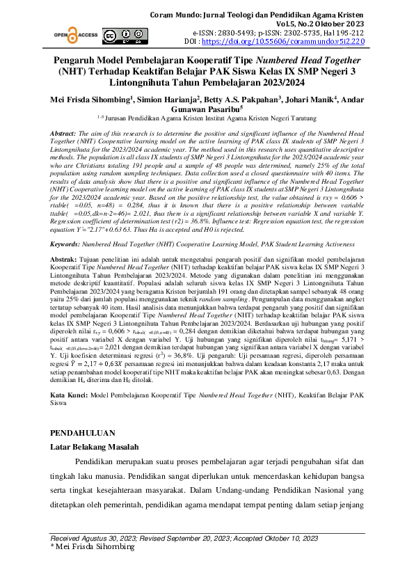 (PDF) Pengaruh Model Pembelajaran Kooperatif Tipe Numbered Head Together (NHT) Terhadap ...