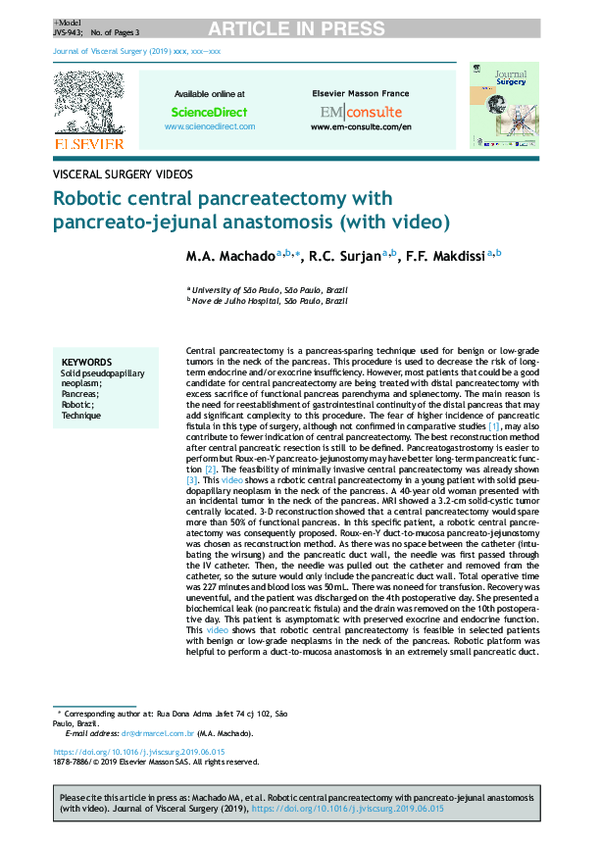 (PDF) Robotic central pancreatectomy with pancreaticogastrostomy for ...