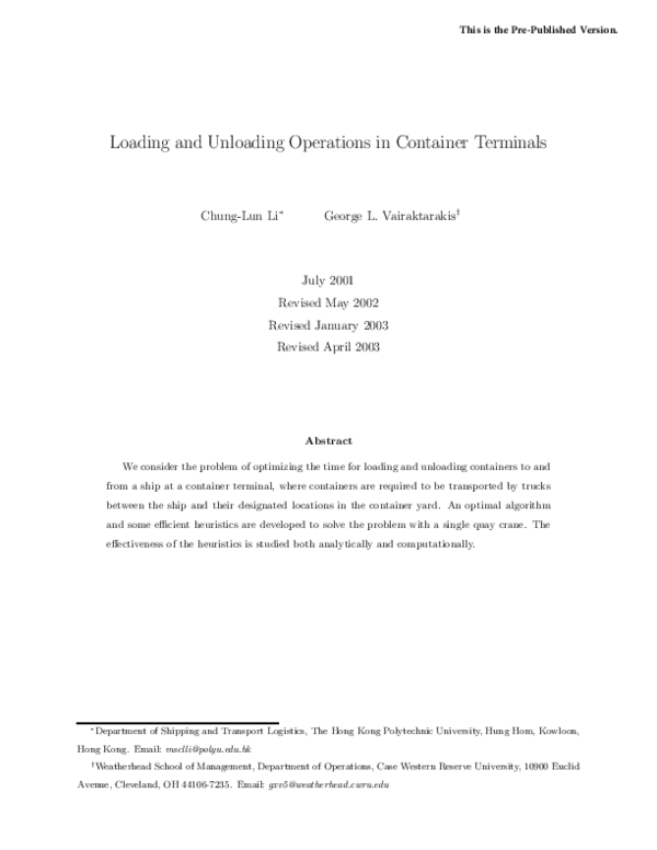 (PDF) Loading and unloading operations in container terminals