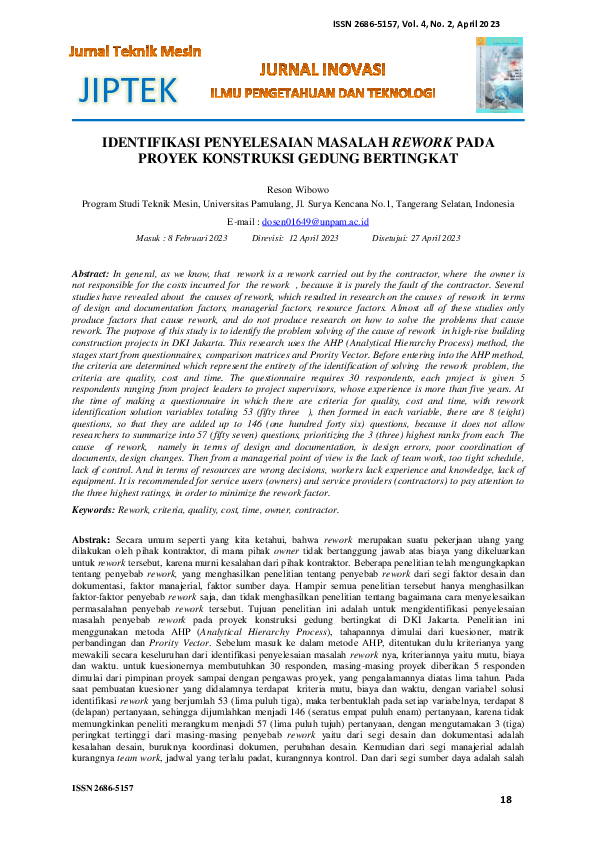 (PDF) Identifikasi Penyelesaian Masalah Rework Pada Proyek Konstruksi ...