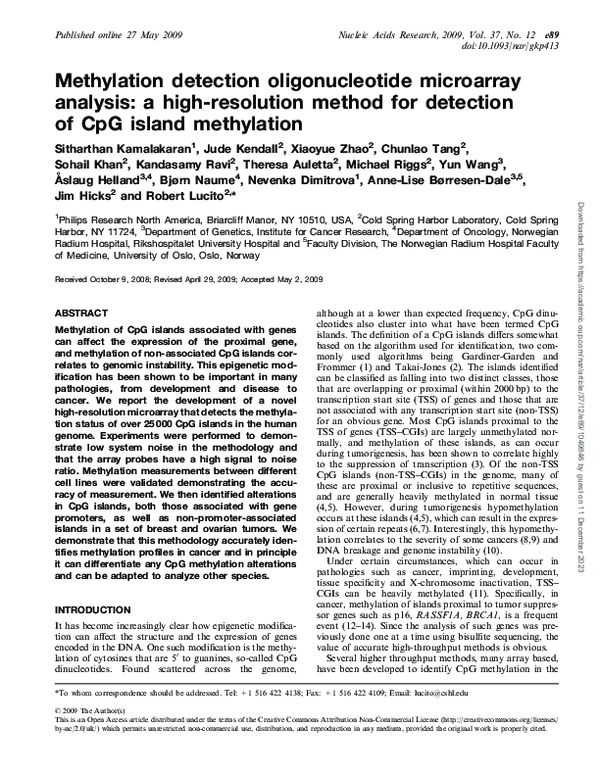 Pdf Methylation Detection Oligonucleotide Microarray Analysis A High Resolution Method For