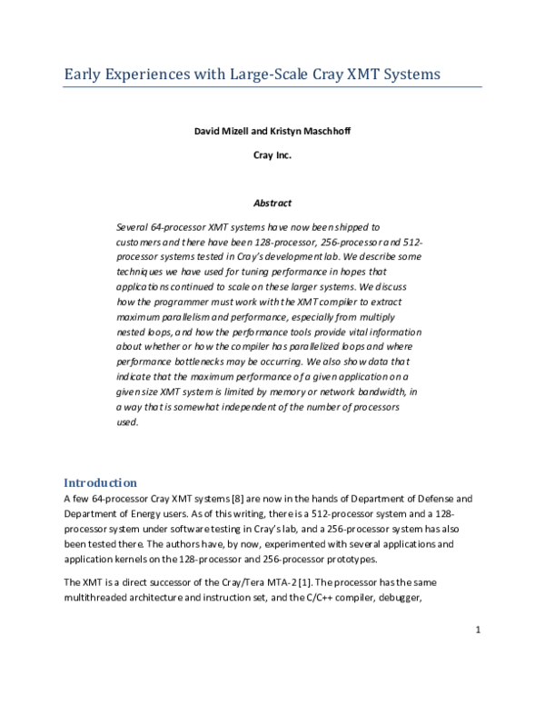 (PDF) Early experiences with large-scale Cray XMT systems