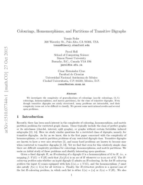 Pdf Colourings Homomorphisms And Partitions Of Transitive Digraphs