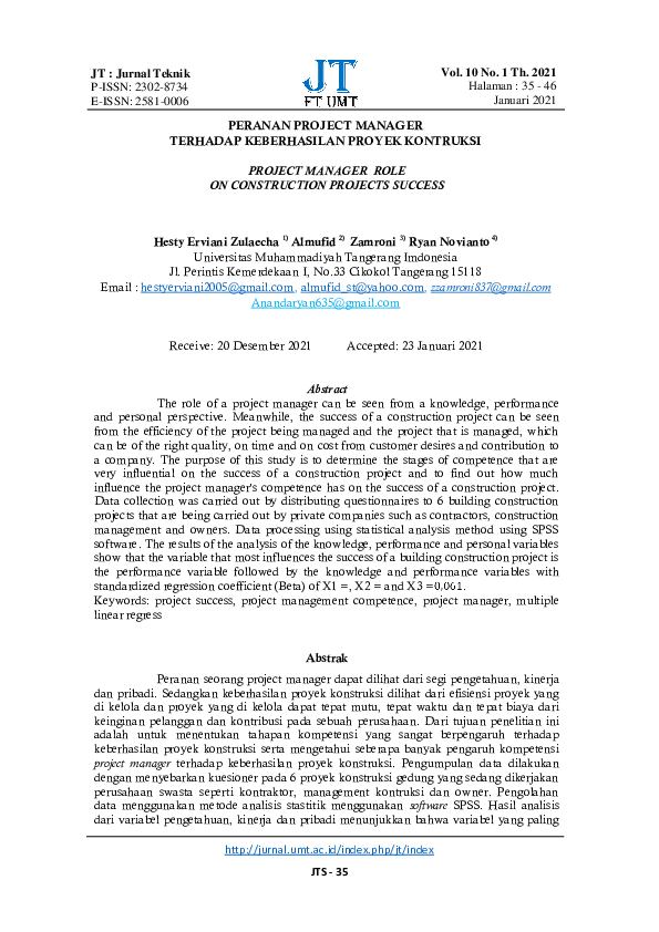 (PDF) Peranan Project Manager Terhadap Keberhasilan Proyek Kontruksi ...
