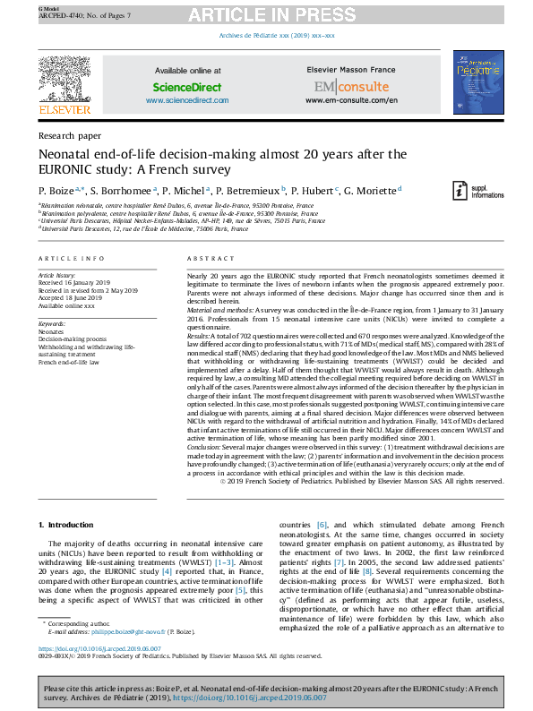 (PDF) Neonatal end-of-life decision-making almost 20 years after the ...