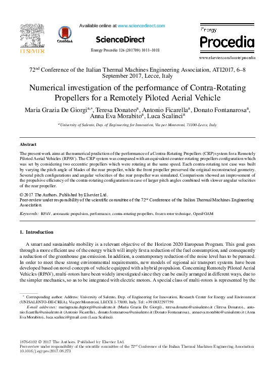 Pdf Numerical Investigation Of The Performance Of Contra Rotating Propellers For A Remotely