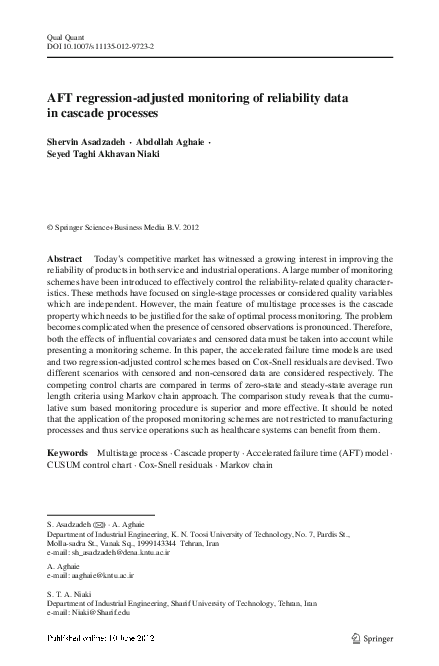 Pdf Aft Regression Adjusted Monitoring Of Reliability Data In Cascade Processes