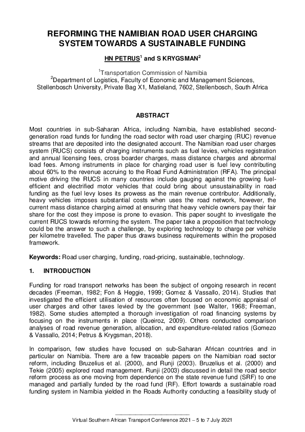 (PDF) REFORMING THE NAMIBIAN ROAD USER CHARGING SYSTEM TOWARDS A ...