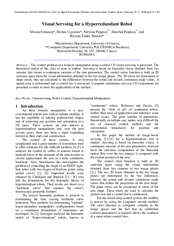 (PDF) Visual servoing for a hyperredundant robot